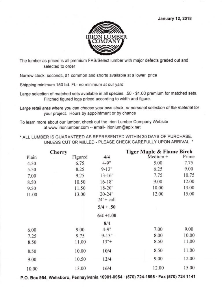 Price List | Irion Lumber Company