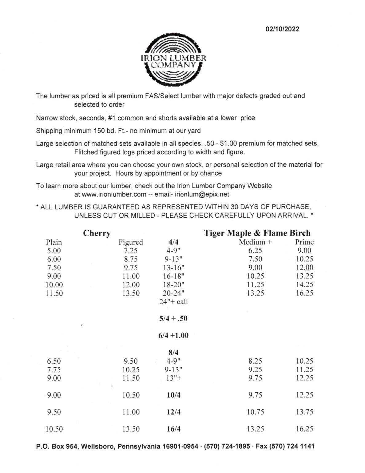 Price List | Irion Lumber Company