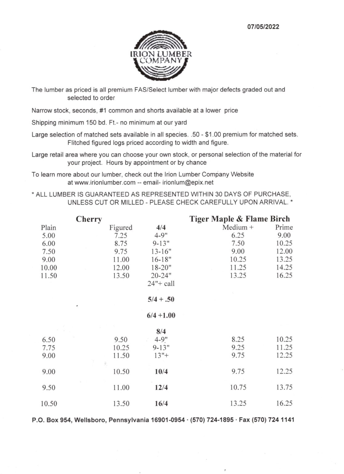 Price List | Irion Lumber Company